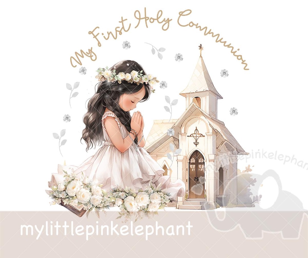 My First Holy Communion PNG, Praying Girl Black Hair First Communion ...