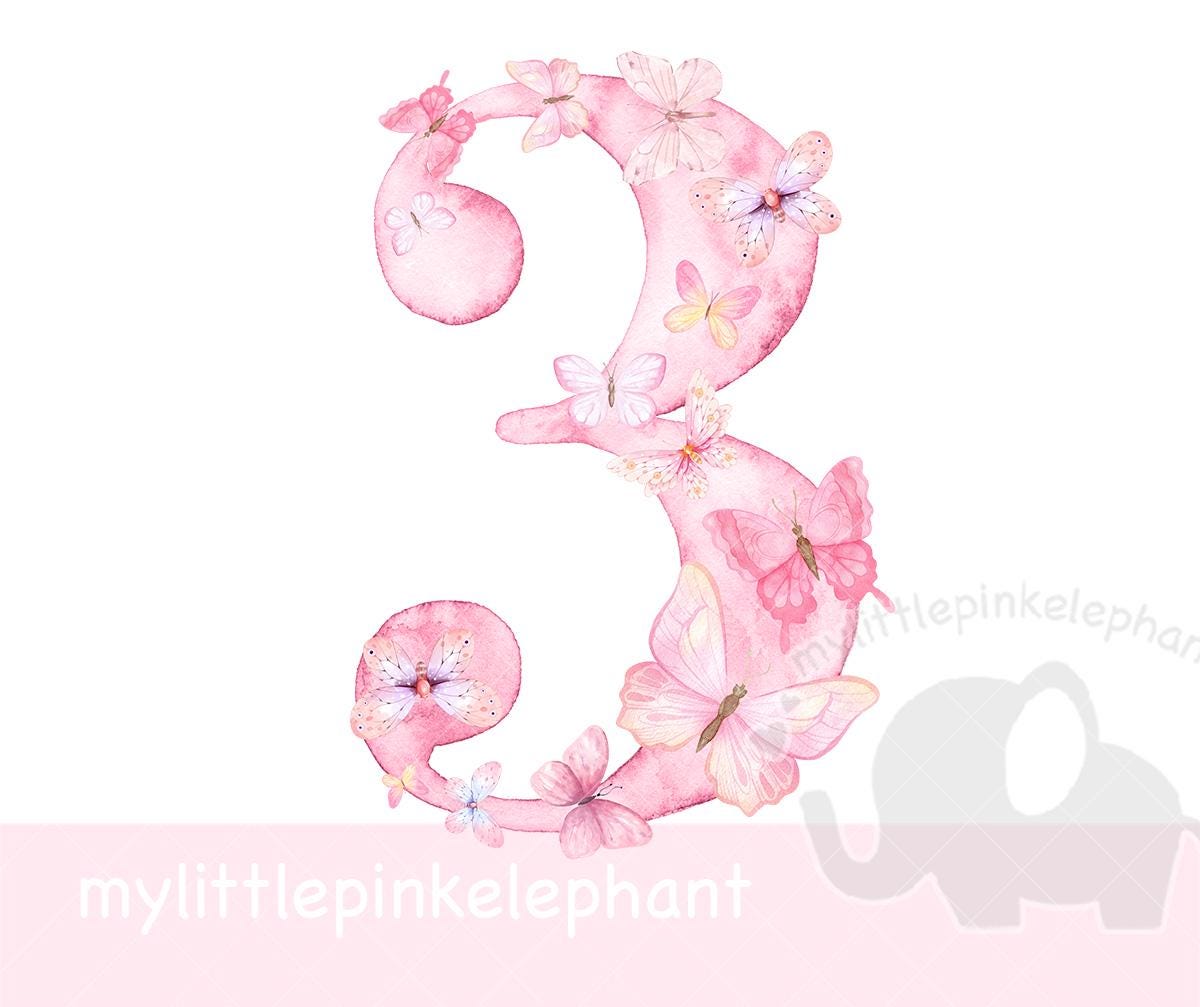 Watercolor Pink Butterfly Number 3 PNG, Two Butterfly Sublimation ...
