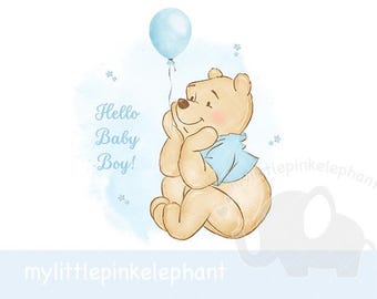 Hello Baby Boy Blue Winnie the Pooh PNG, New Baby Sublimation Design ...
