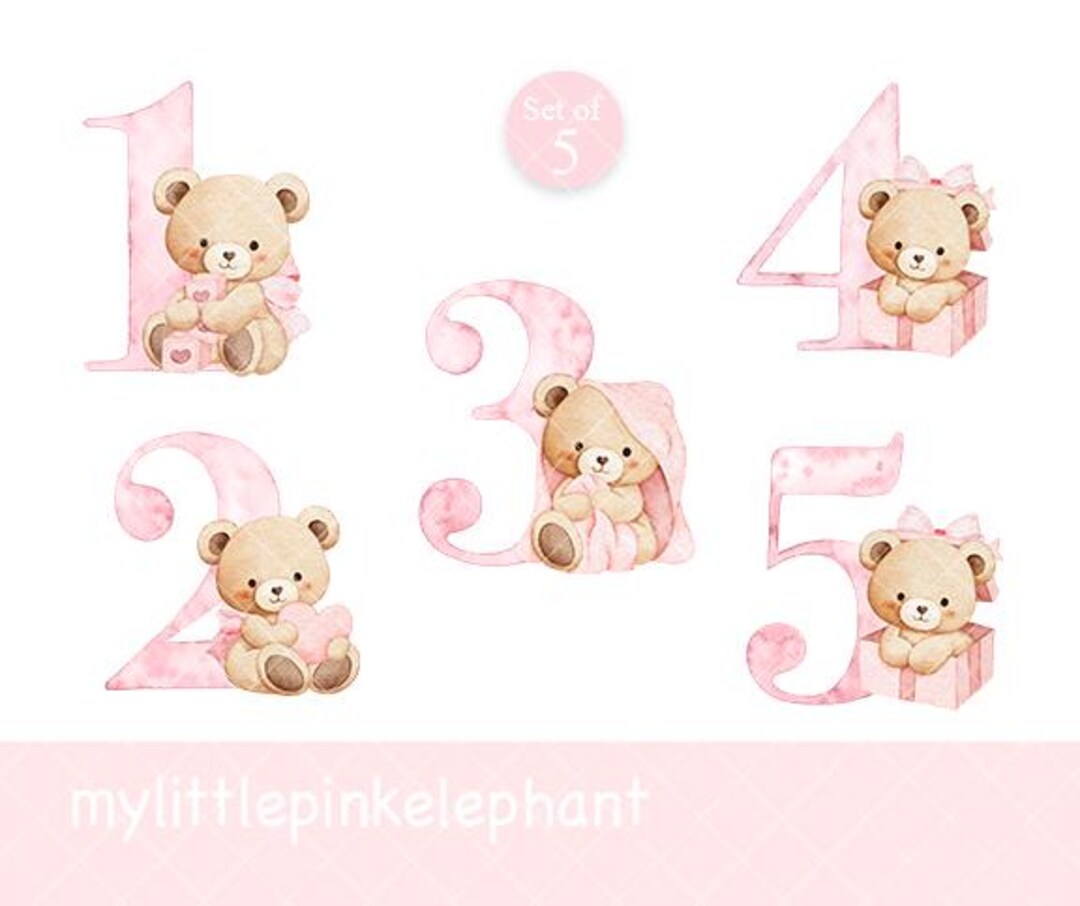 Teddy Bear Number Clipart Png, Pink Full Set 1-5 , Birthday ...