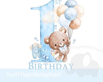 Teddy Bear Blue Balloons 1st Birthday PNG, First Birthday Sublimation ...