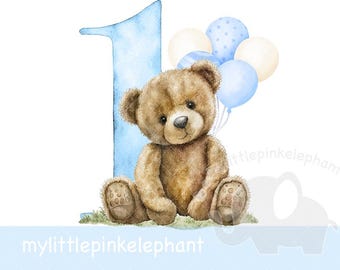 Teddy Bear Blue Balloons 1st Birthday PNG, First Birthday Sublimation ...