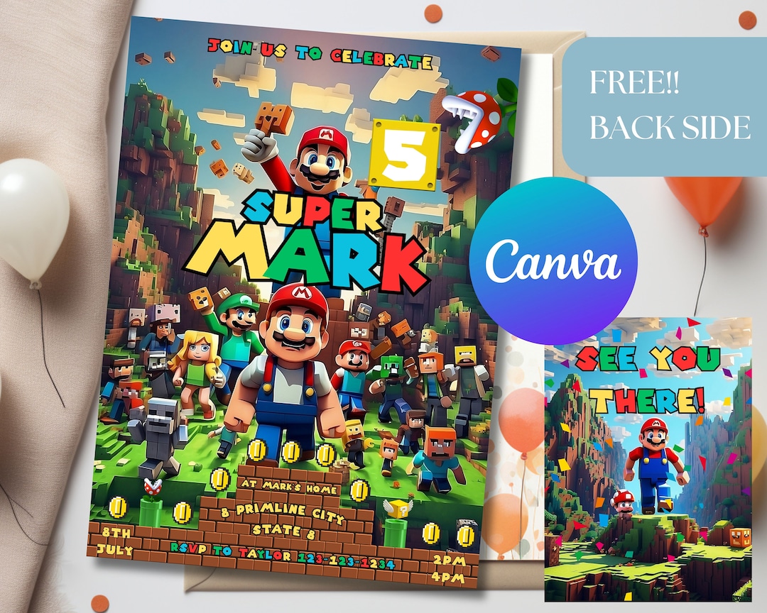Invitación de cumpleaños de Super Mario, invitación de Mario Bros ...