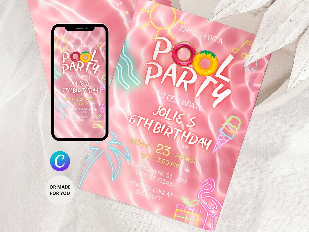 Pool Party Editable Invitation, Summer Birthday Party Evite, Text ...