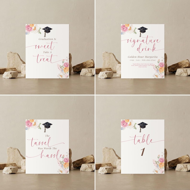 Pink Floral Graduation Table Signs Bundle, Editable Canva Templates ...