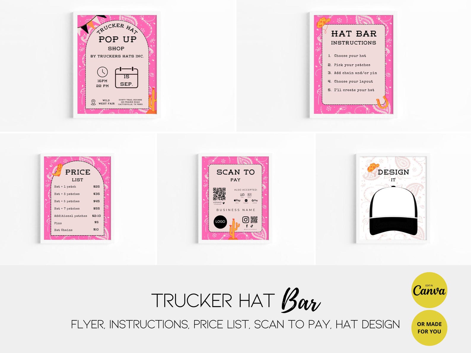 Trucker Hat Bar Pop-up Shop Bundle, Printable Price List, Hat Design Template, Pop-up Flyer, Hat ...
