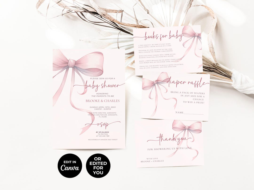 Editable Pink Bow Baby Shower Invitation, Minimalist Watercolor Ribbon ...