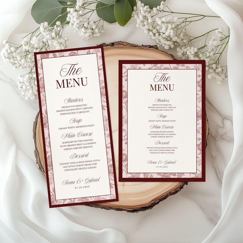 Old Money Menu Template, Maroon Menu and Place Card Set, Editable Canva ...