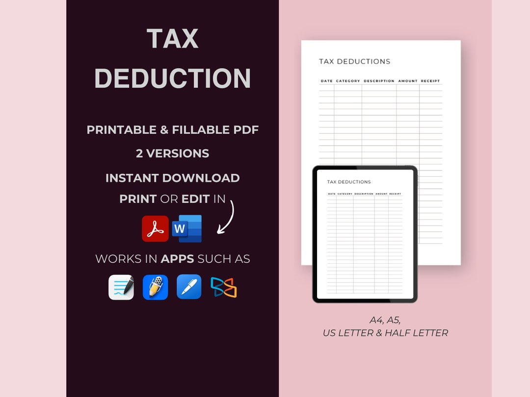 Tax Deduction Tracker Editable Word & PDF Fillable PDF Form A4/a5 ...