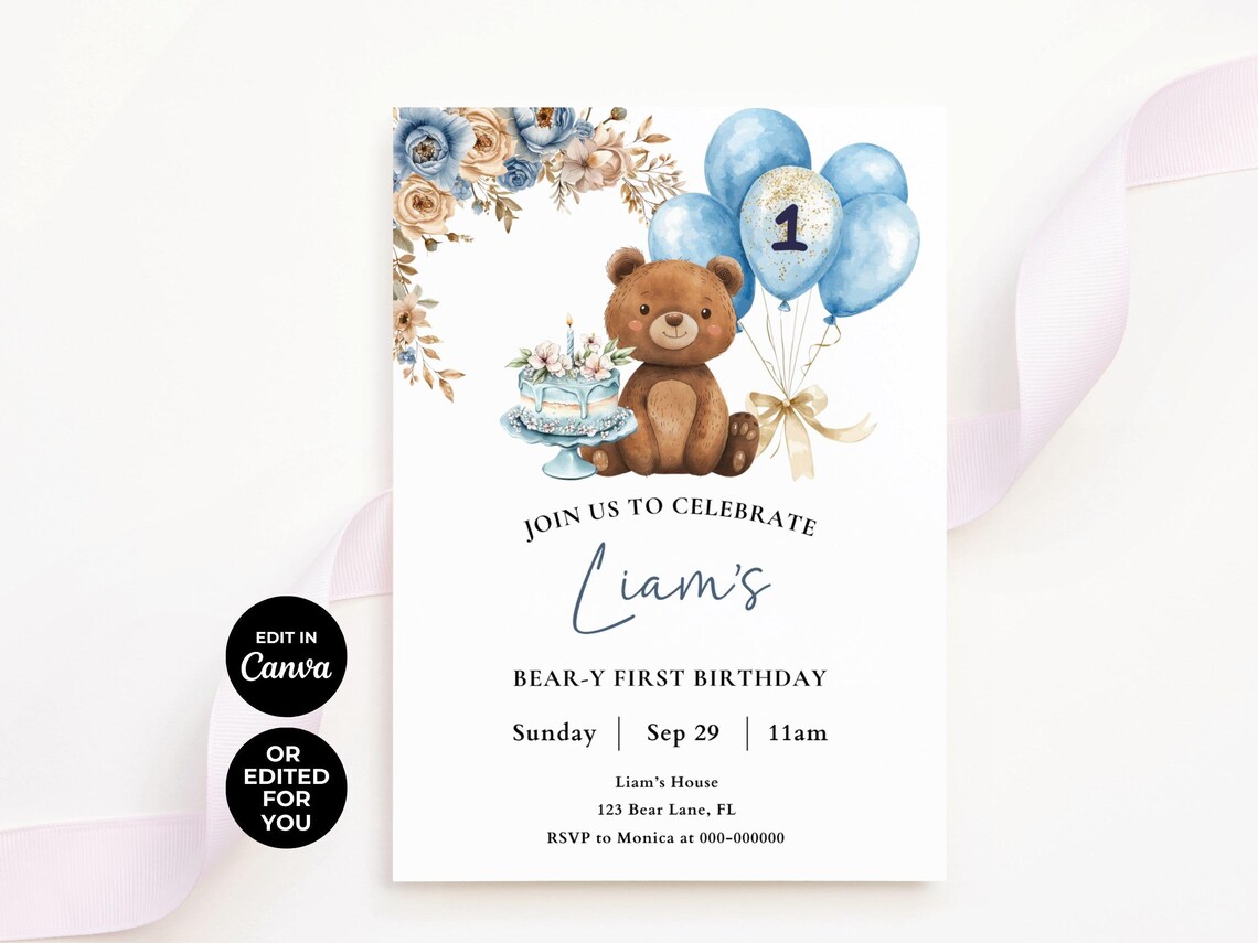 Editable Bear Birthday Invitation, Blue Bear-themed Birthday Invite ...