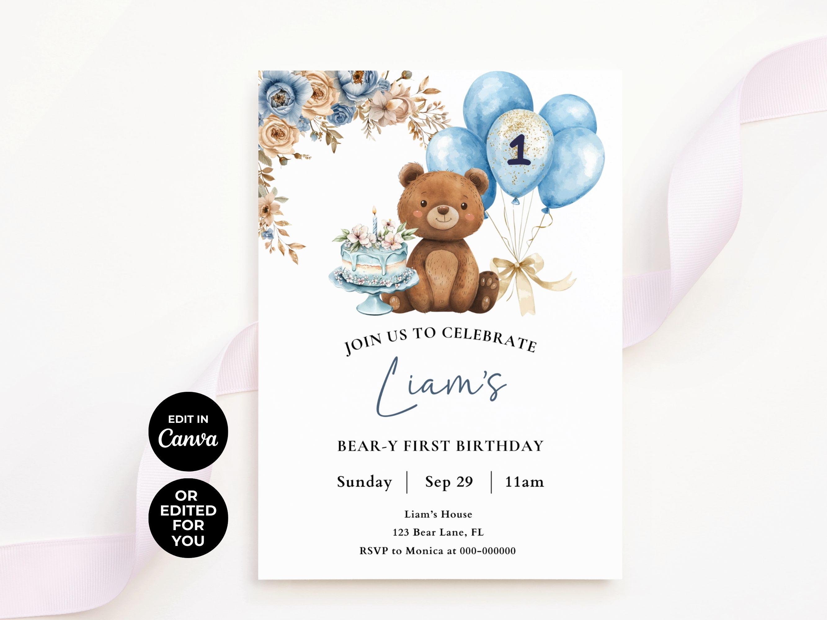 Editable Bear Birthday Invitation, Blue Bear-themed Birthday Invite ...
