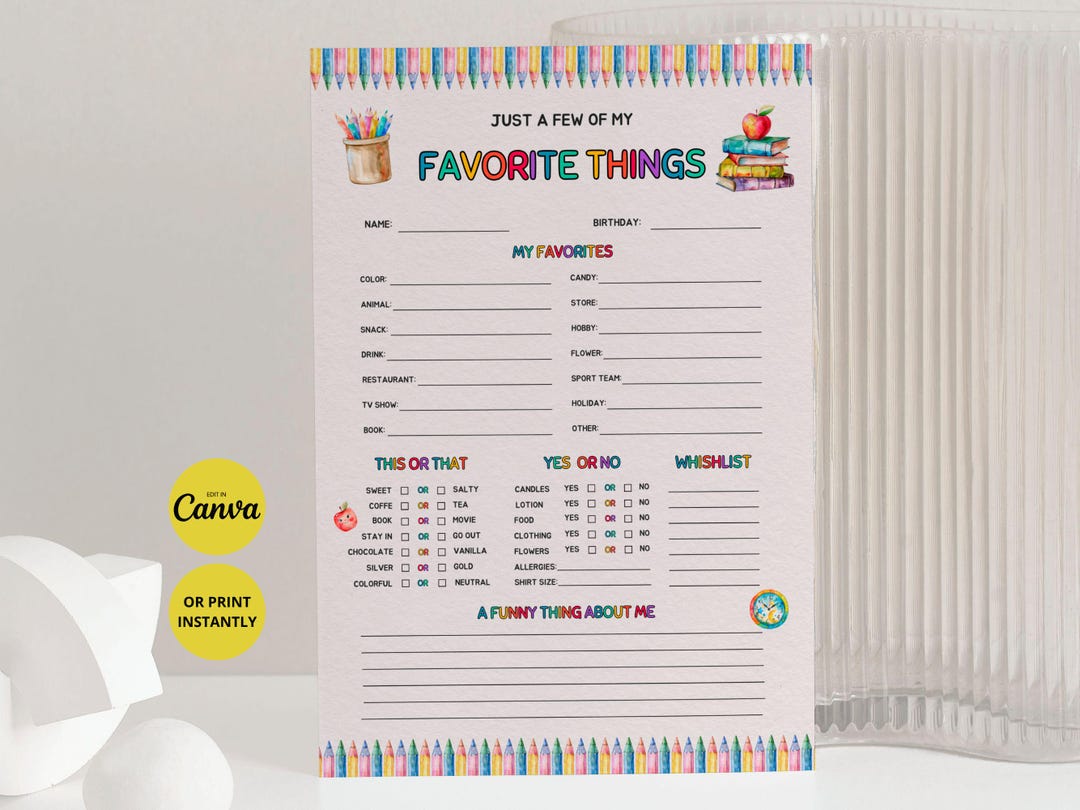 Teacher Favorites List, Back to School Survey, Teacher Questionnaire ...