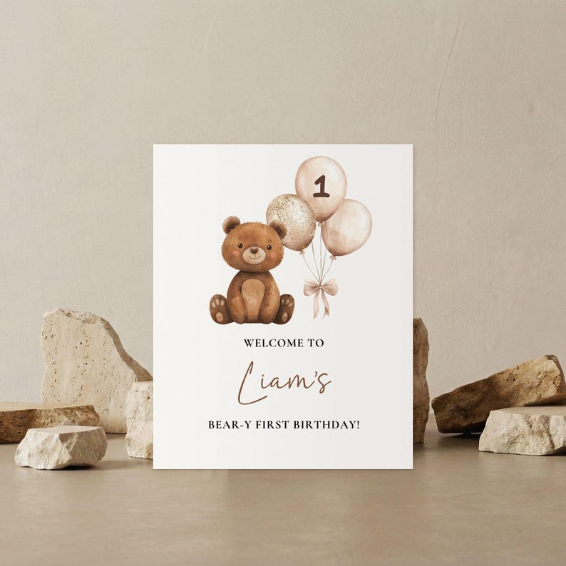 Bear 1st Birthday Welcome Sign, Editable Canva Template - Etsy