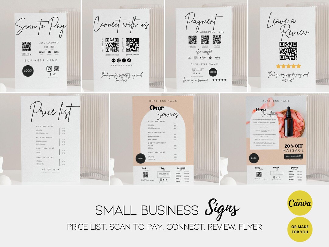 Small Business Sign Bundle, Scan to Pay, Price List (digital Download ...