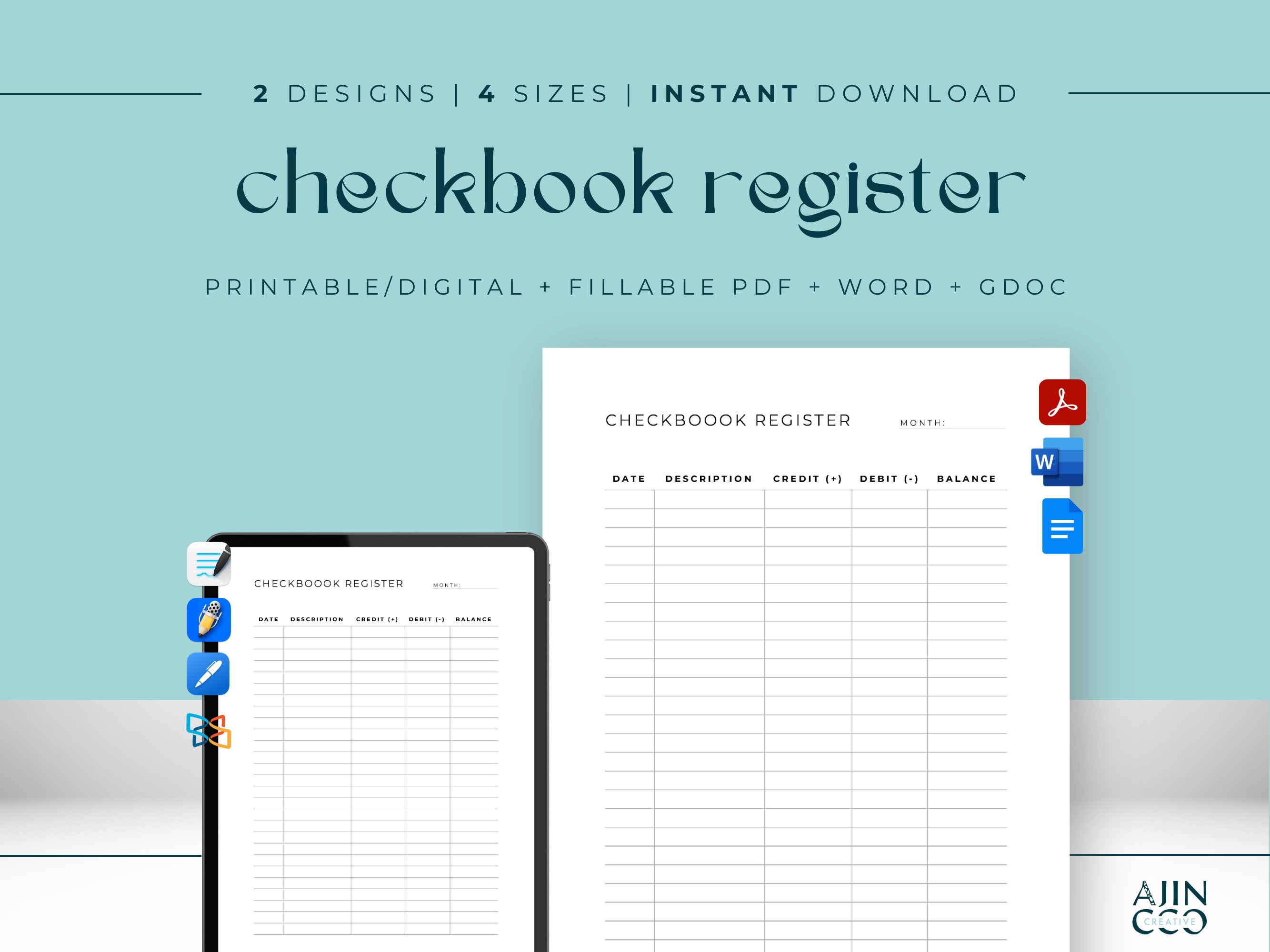 Checkbook Register, Check Transaction Tracker, Checkbook Log, Editable ...