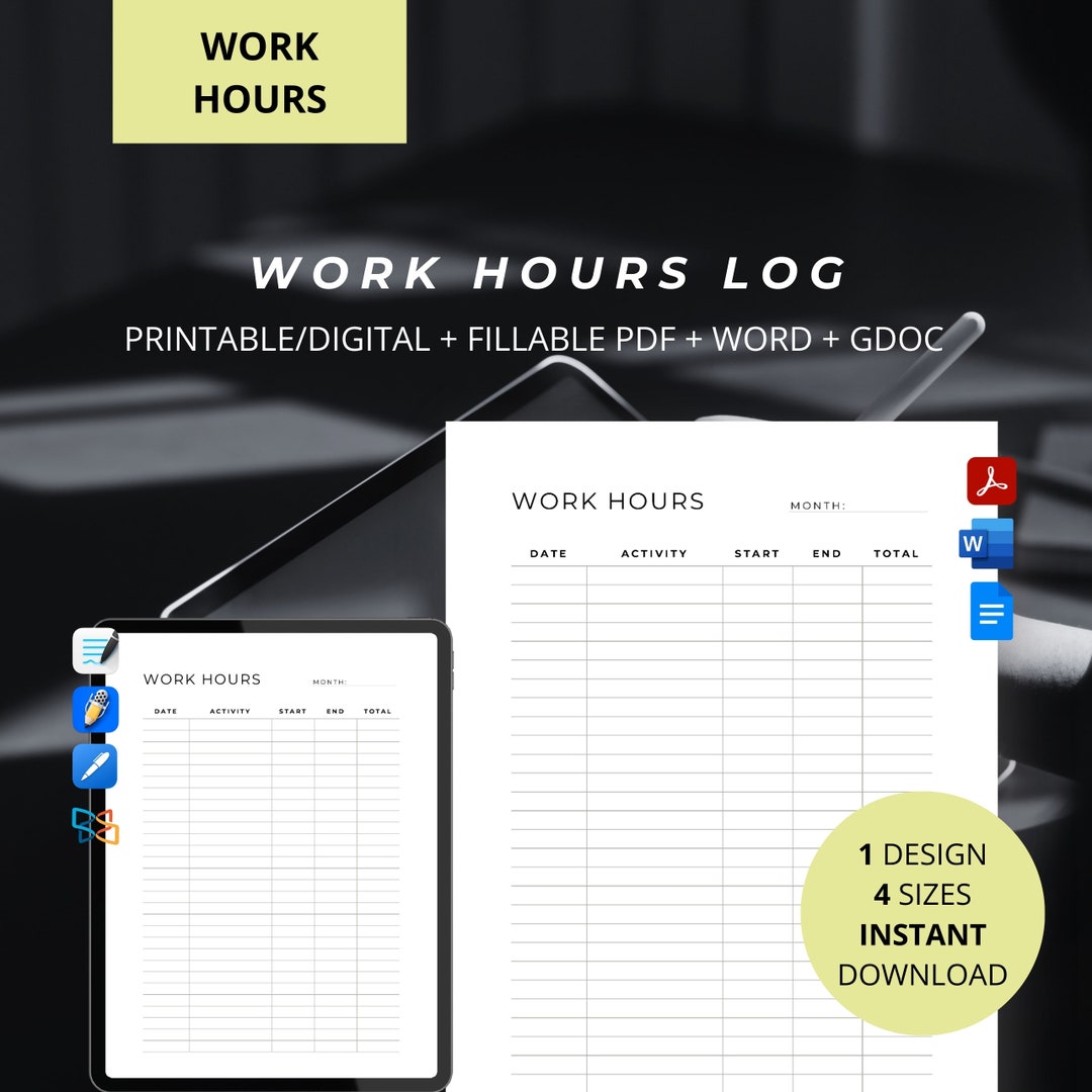 Working Hours Log Printable, Work Time Tracker, Activity Tracker, , A4 ...