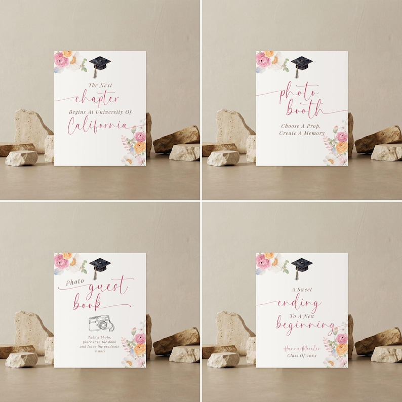 Pink Floral Graduation Table Signs Bundle, Editable Canva Templates ...