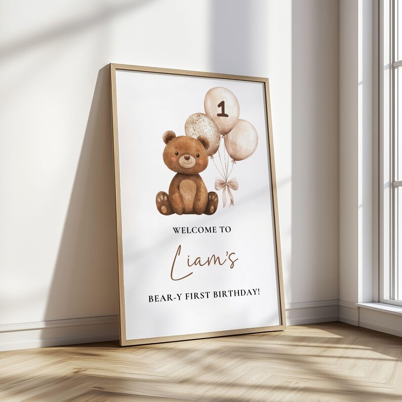 Bear 1st Birthday Welcome Sign, Editable Canva Template - Etsy