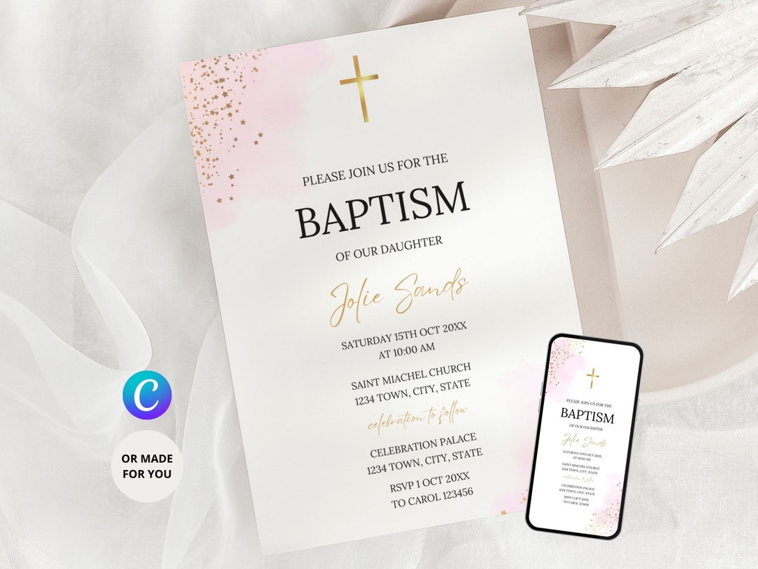 Modern Girl Baptism Invitation: Pink Watercolor & Gold (digital ...