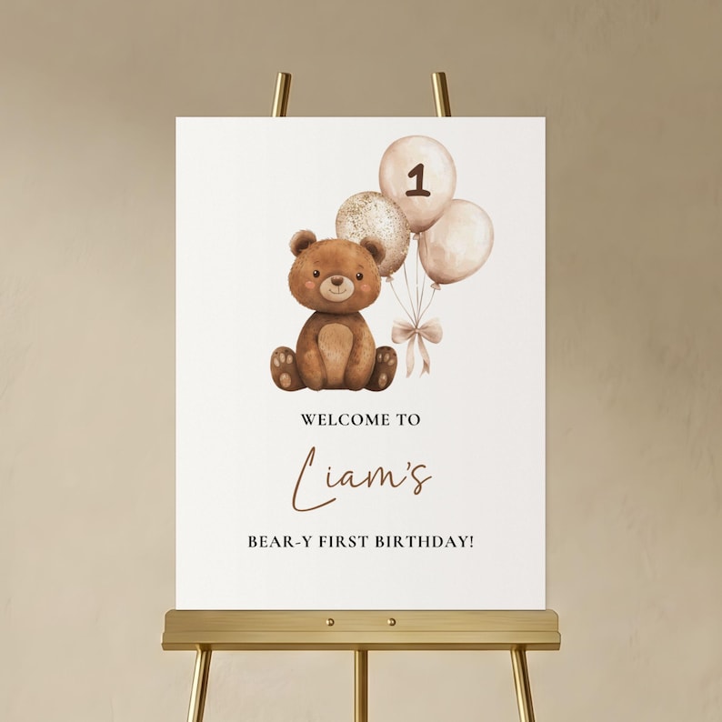 Bear 1st Birthday Welcome Sign, Editable Canva Template - Etsy