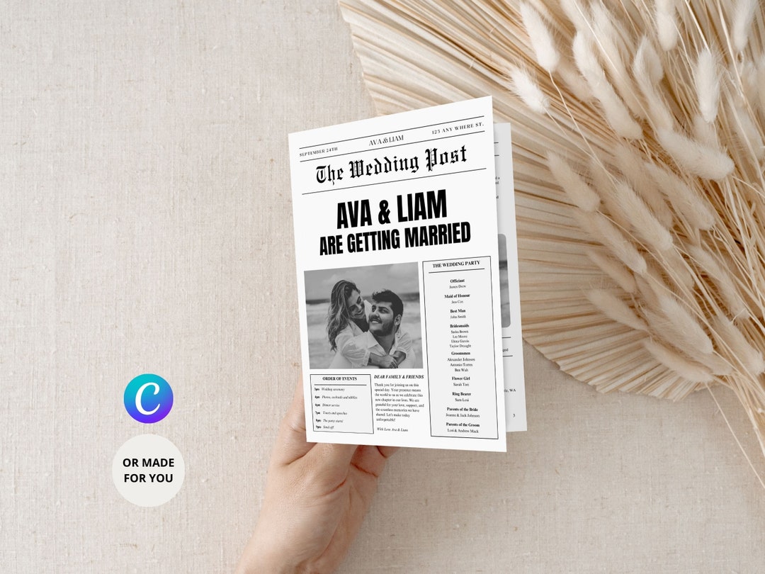 Editable Newspaper Wedding Program, Fun Folded Wedding Program Template ...
