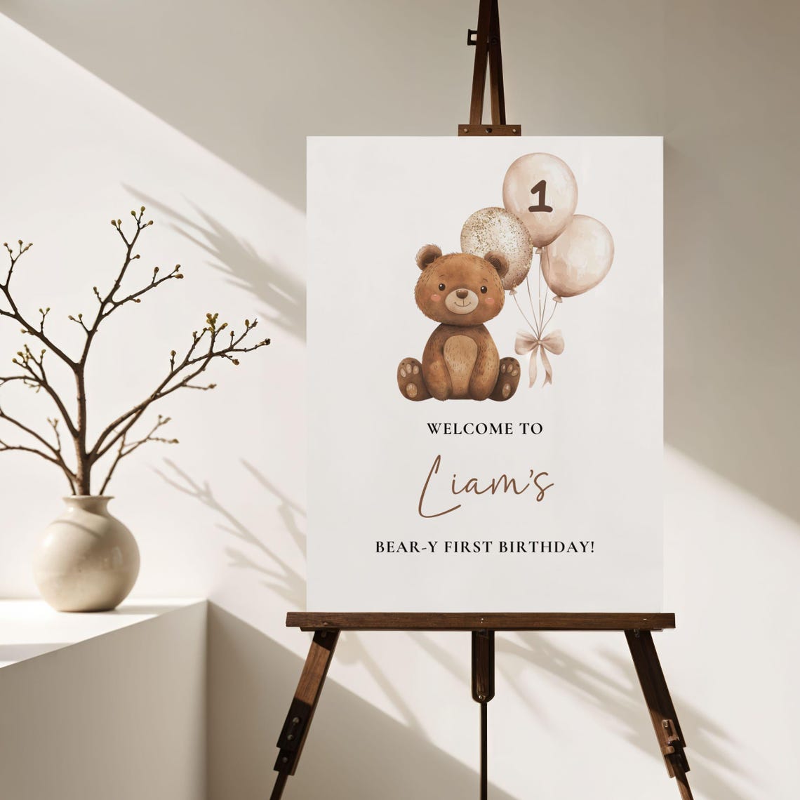 Bear 1st Birthday Welcome Sign, Editable Canva Template - Etsy