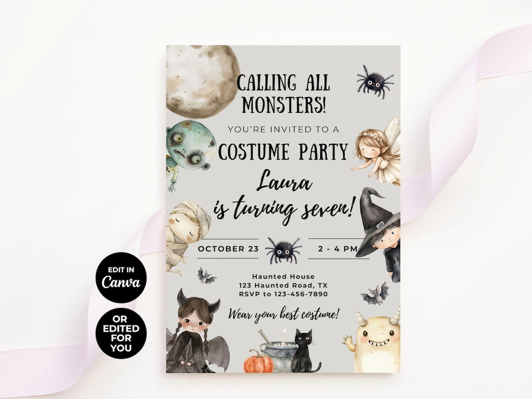 Editable Halloween Birthday Invitation, Kids Costume Party Invitation ...