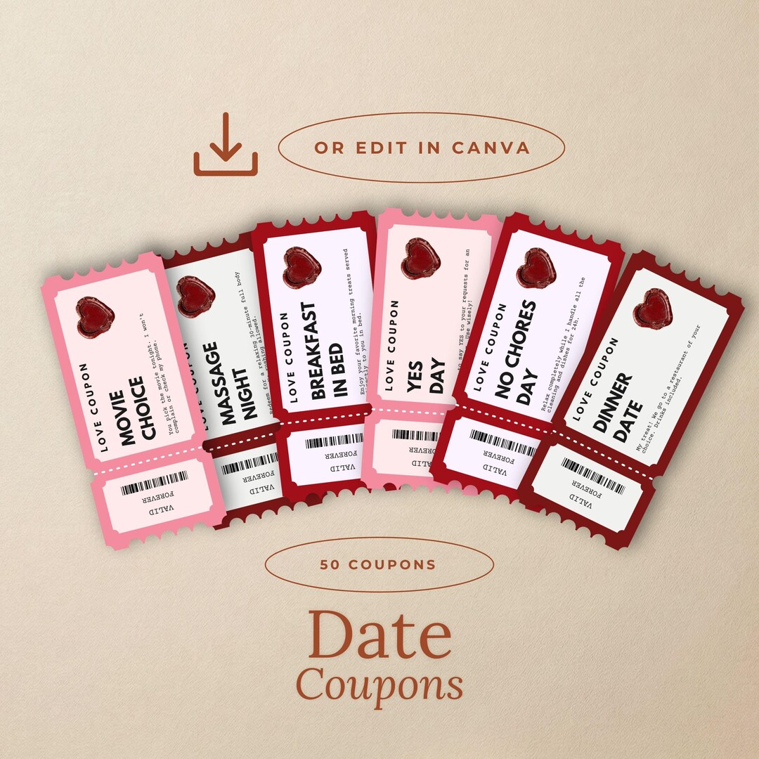 Love Coupons & Date Night Vouchers, Last Minute Valentine's Gift, 50 ...