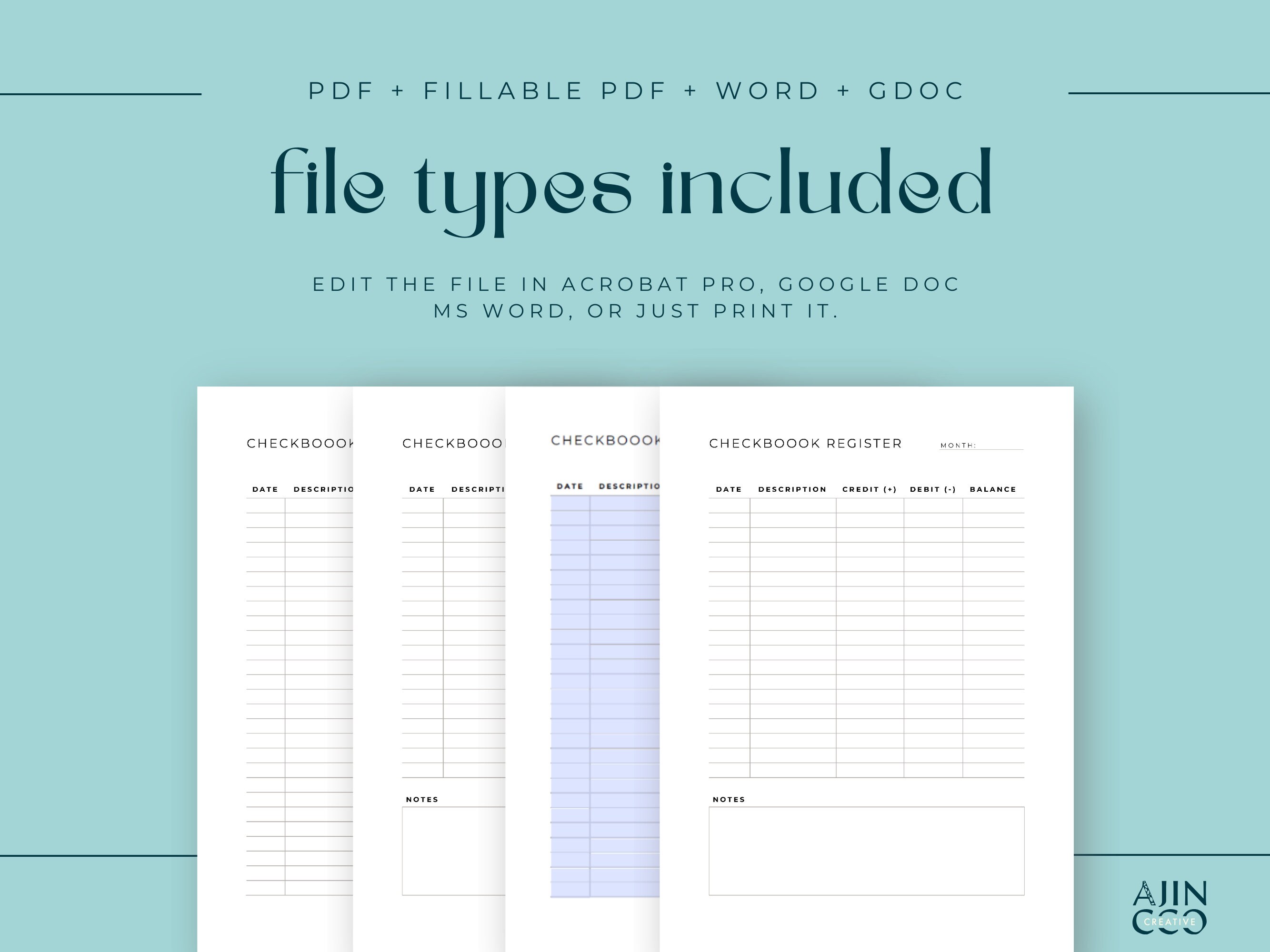 Checkbook Register, Check Transaction Tracker, Checkbook Log, Editable ...