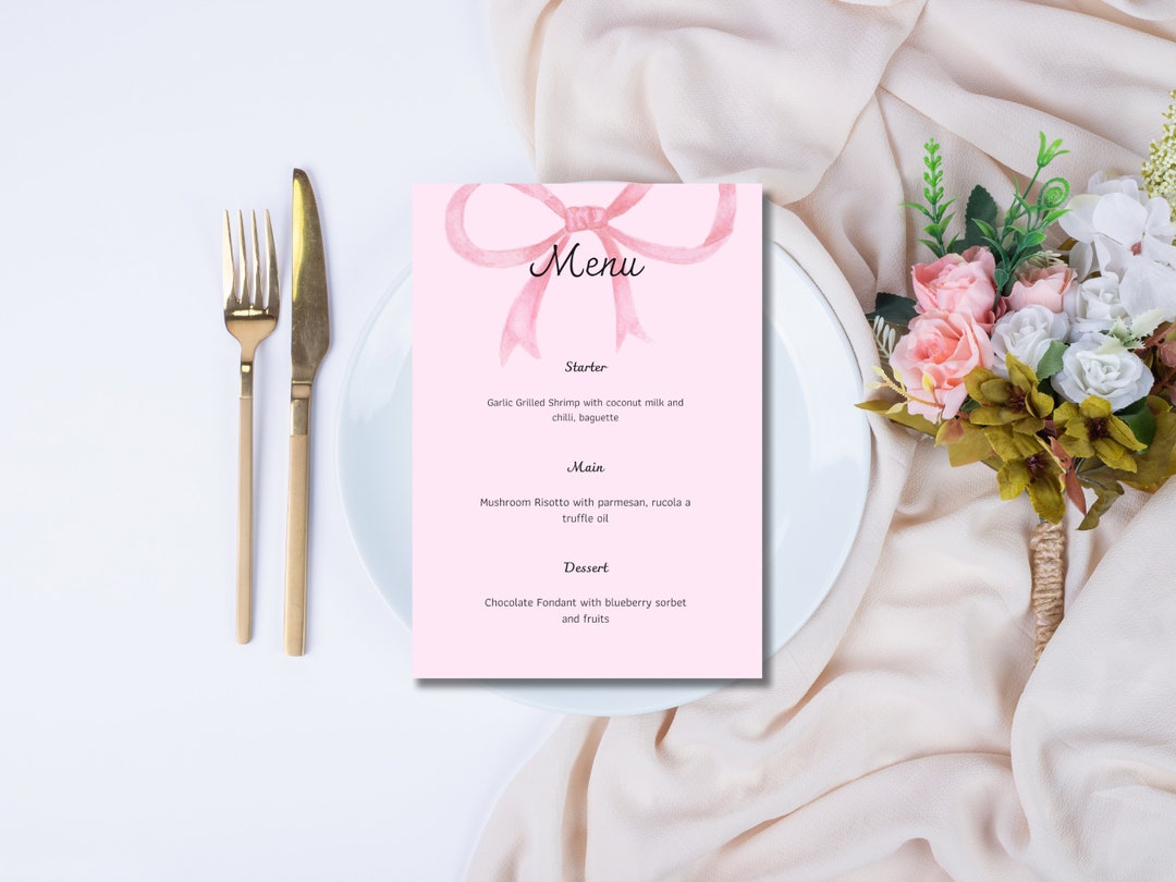 Pink Menu Template, Girls Night Menu Template, Bow Menu, Editable ...