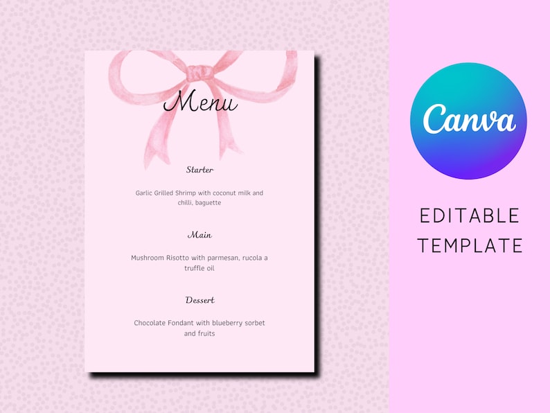 Pink Menu Template, Girls Night Menu Template, Bow Menu, Editable ...