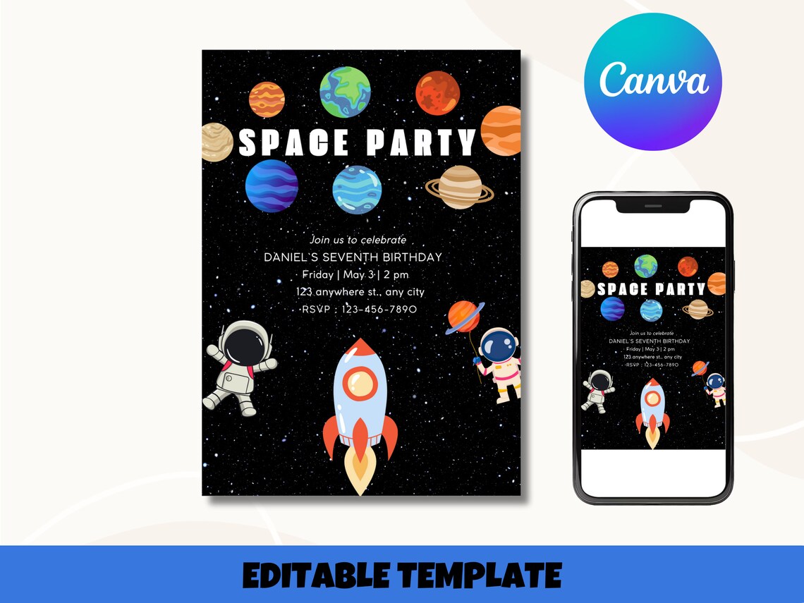 Space Party Invitation, Boy Outer Space Birthday Invitation Template ...