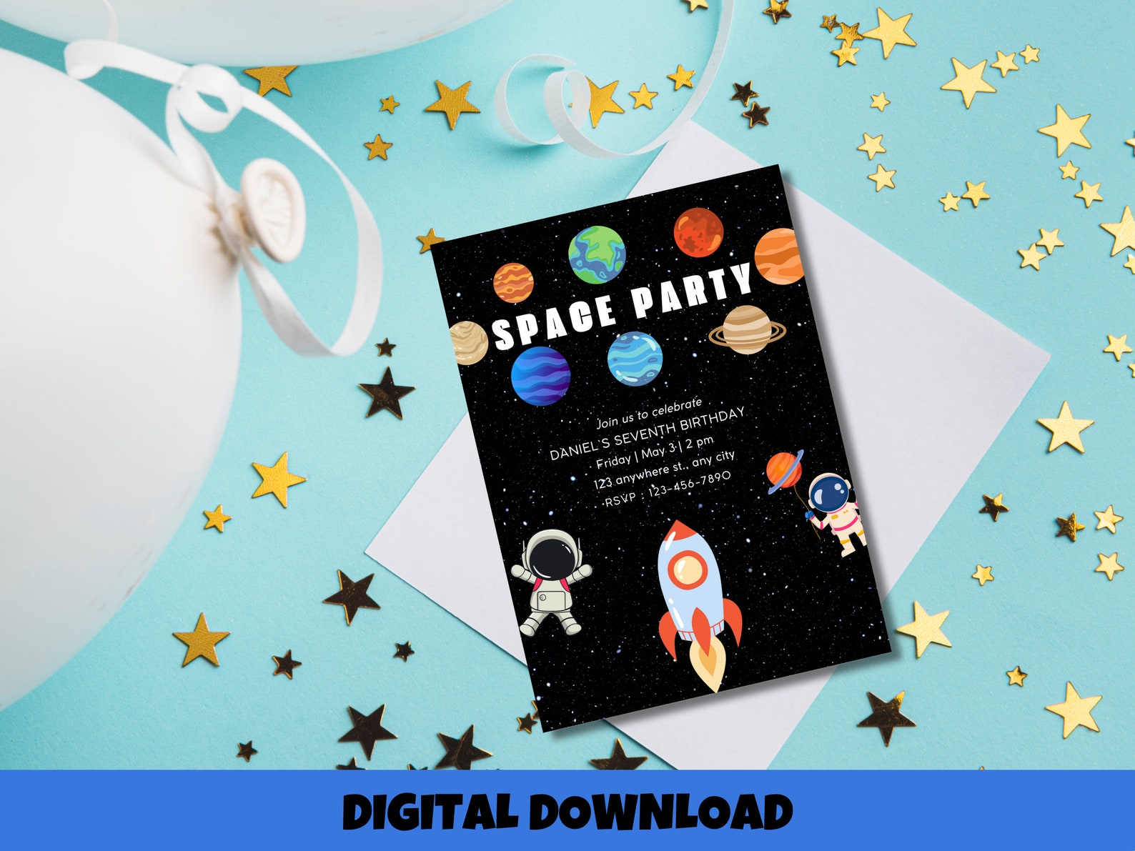 Space Party Invitation, Boy Outer Space Birthday Invitation Template ...