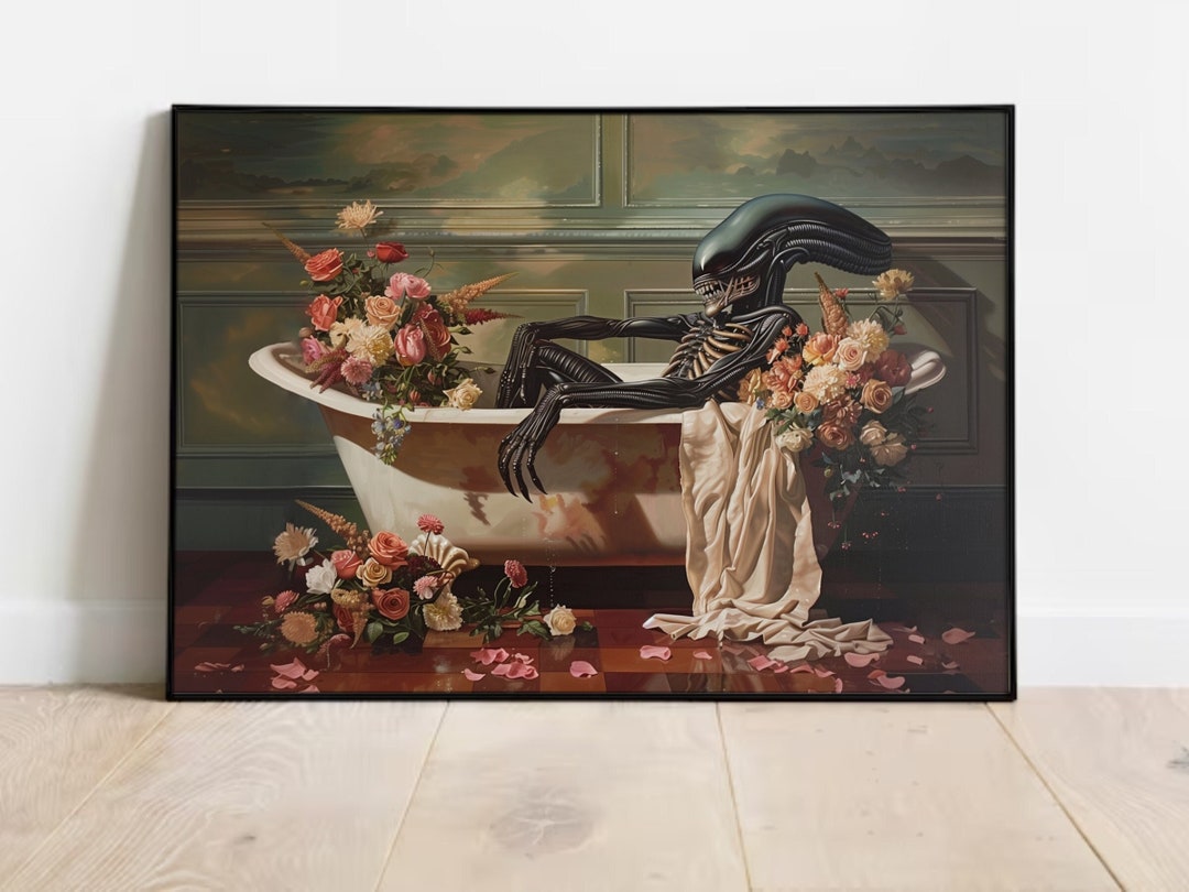 Bathtime Alien Still Life Downloadable Print, Floral Bathroom Decor ...