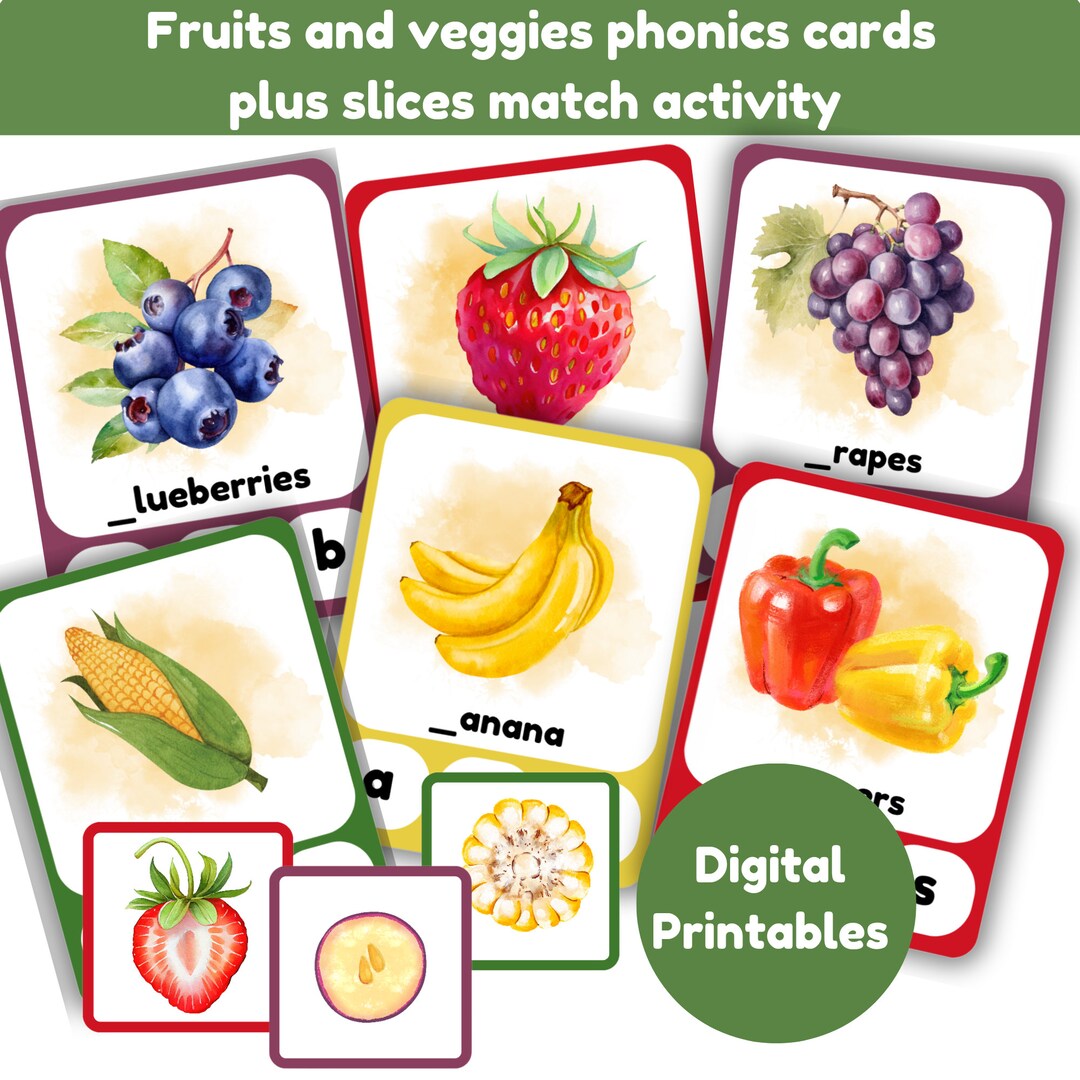 Fruits and Veggies Phonics Clip Cards | a Set of 23 Cards Plus 23 ...