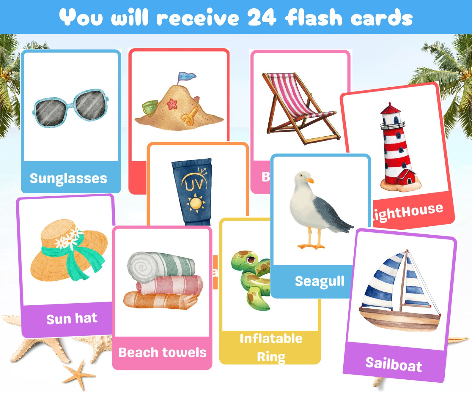 On the Beach Flash Cards | 24 Colourful Beach Flash Cards | Summer ...