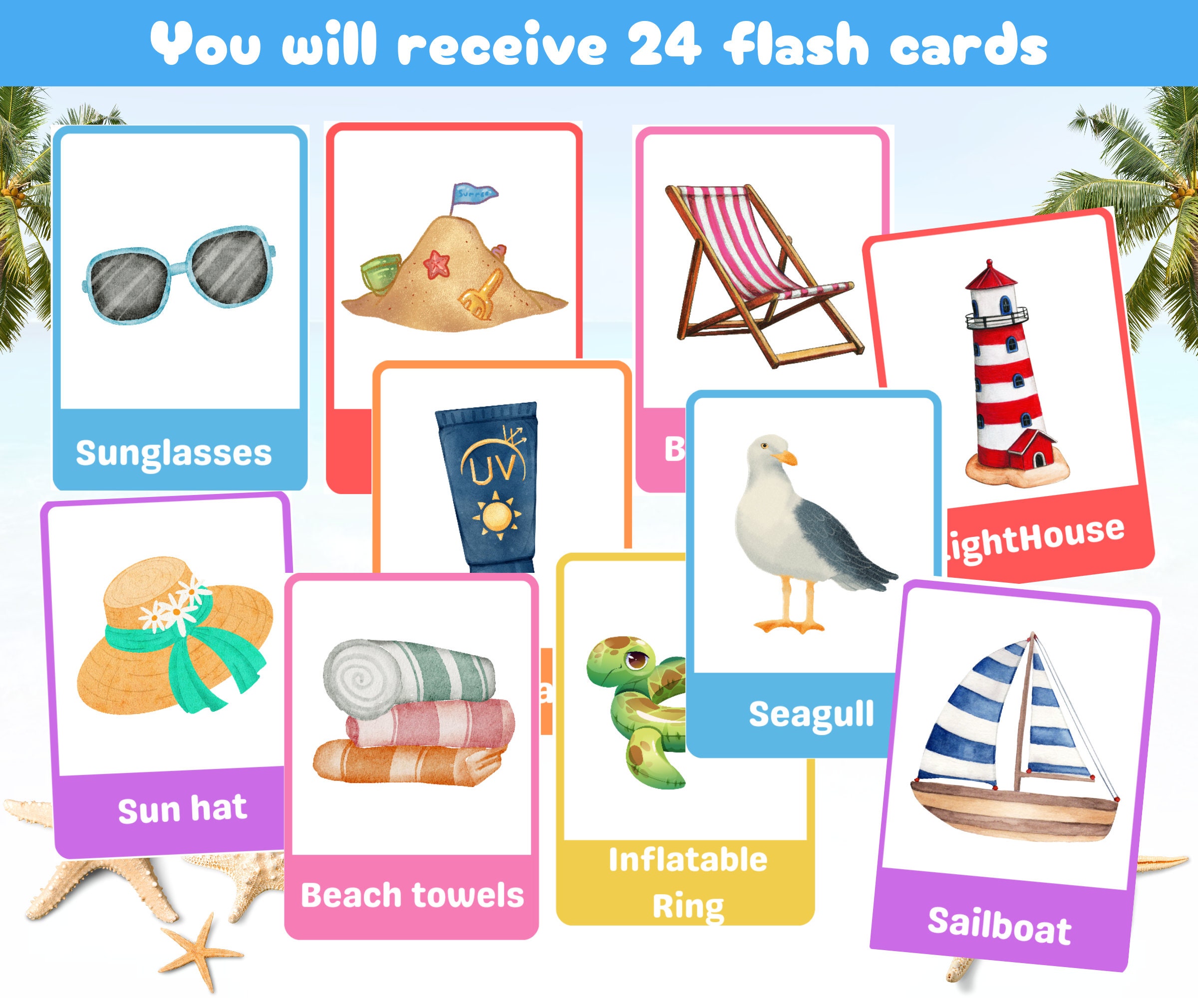 On the Beach Flash Cards | 24 Colourful Beach Flash Cards | Summer ...