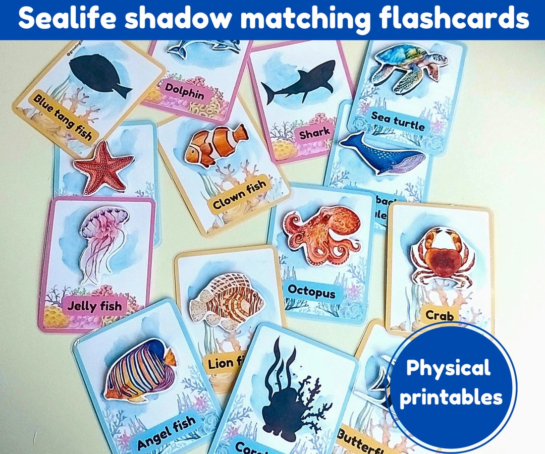 Sea Animals Shadow Matching Flashcards Montessori Flashcards Physical ...