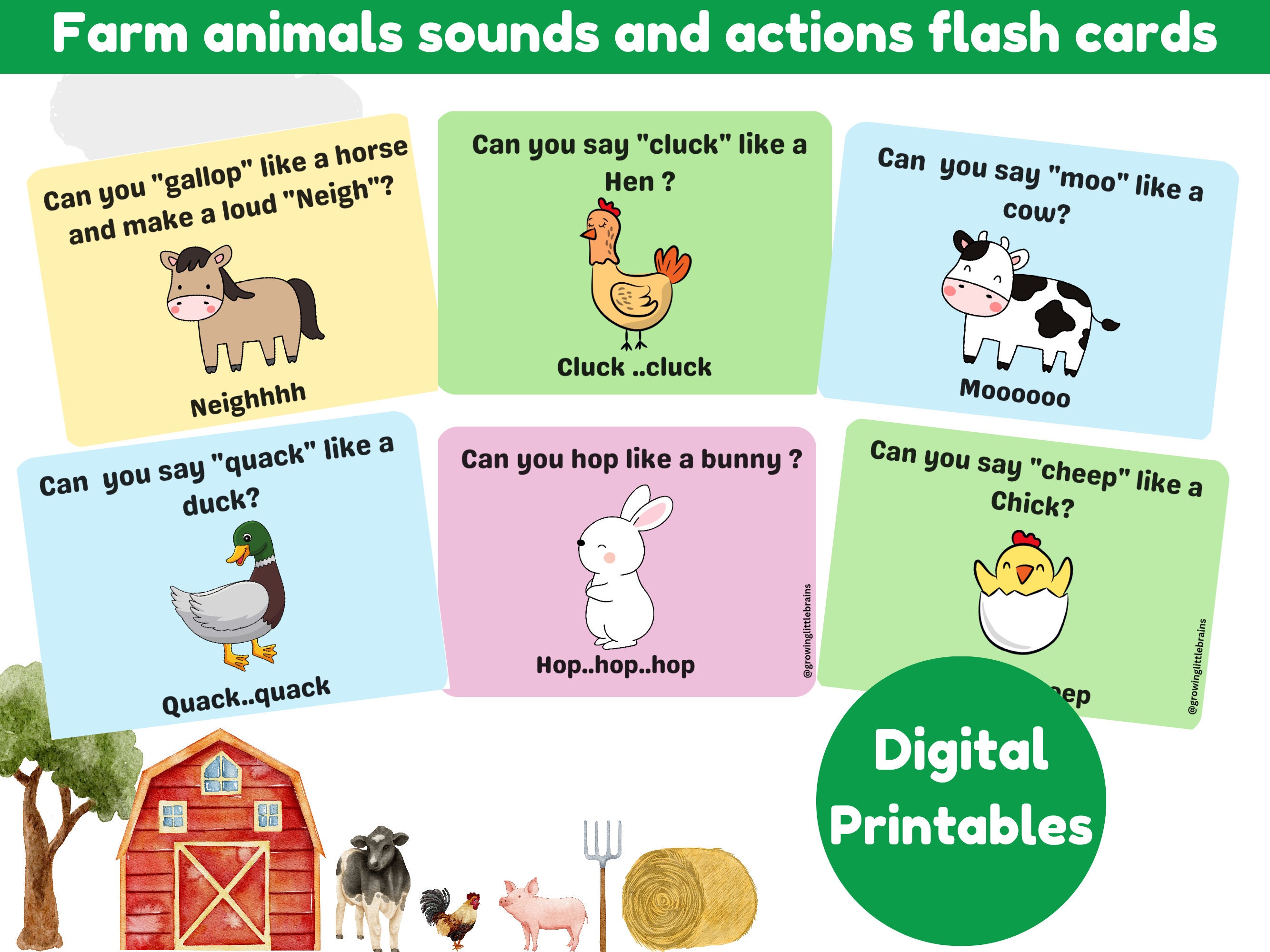 Farm Animals Sounds Action Flash Cards | Farm Animals Sounds Activity ...