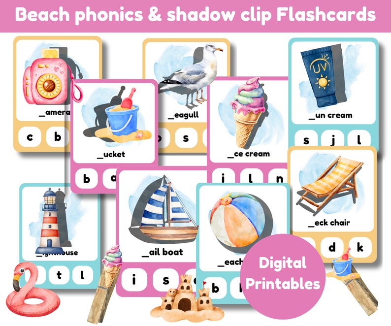 Beach Shadow Match and Phonics Flashcards | a Set of 18 Flashcards Plus ...