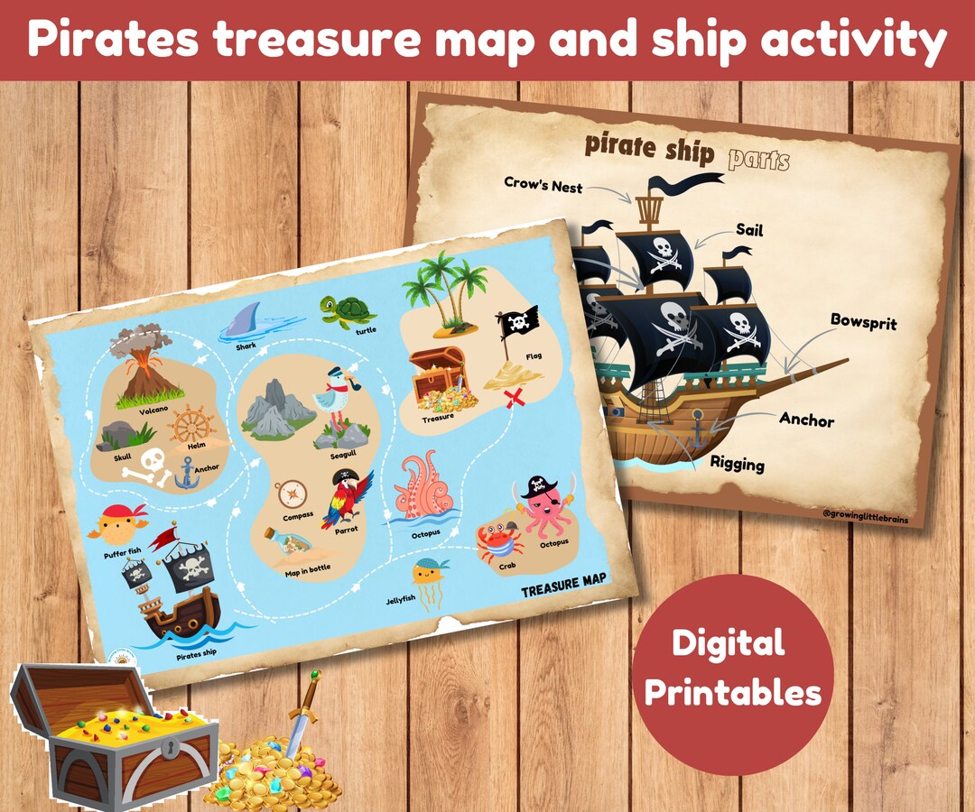 Pirates Treasure Map and Pirate Ship Parts | Pirates Fun Activities ...