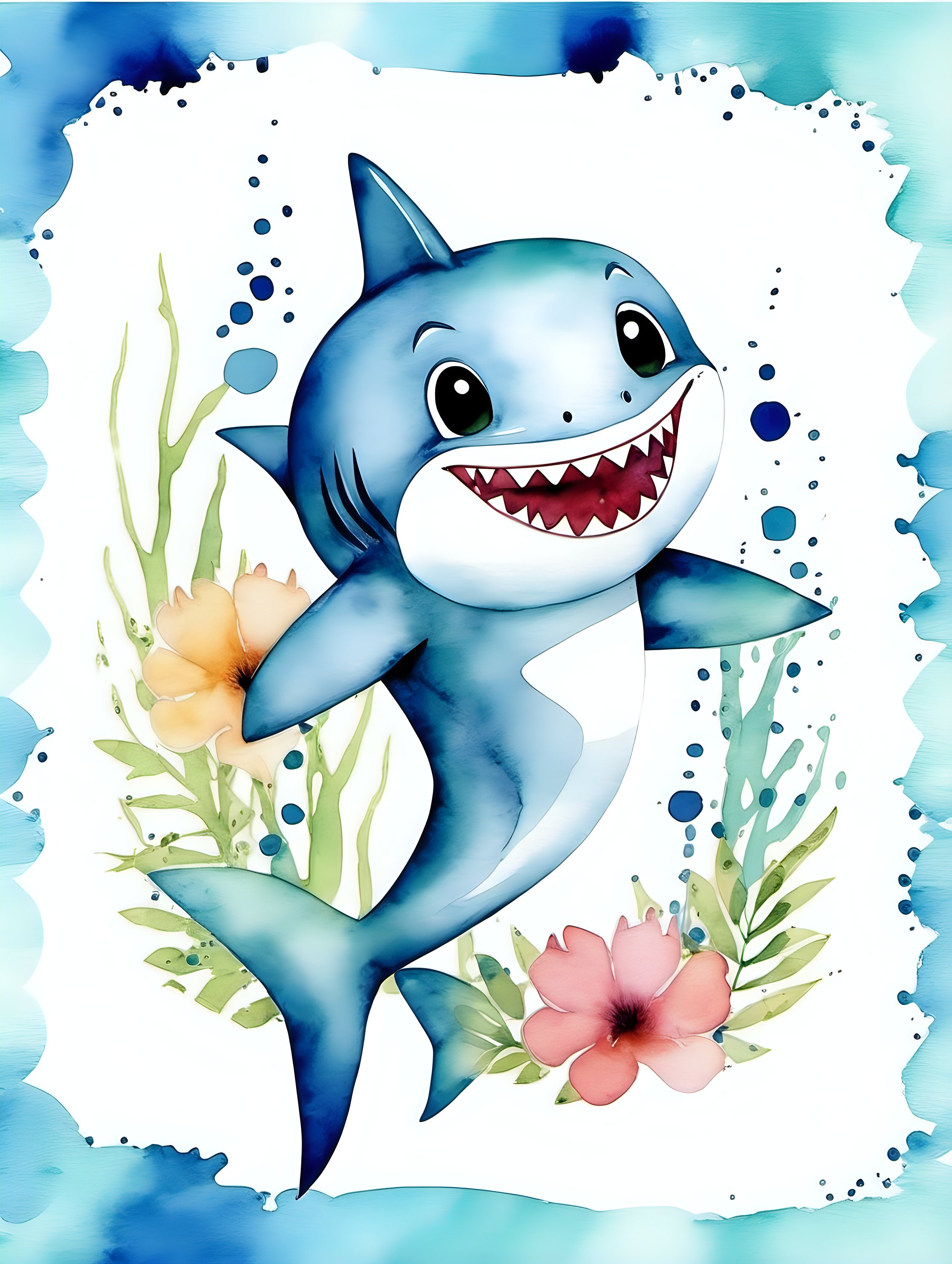 Baby Shark Nursery Watercolor Wall Art / Kids Room / Digital Download ...