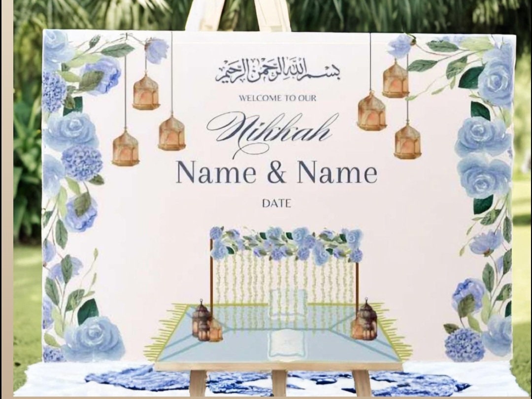 Blue Nikkah Floral Curtain Wedding Welcome Sign | Flower Partition ...