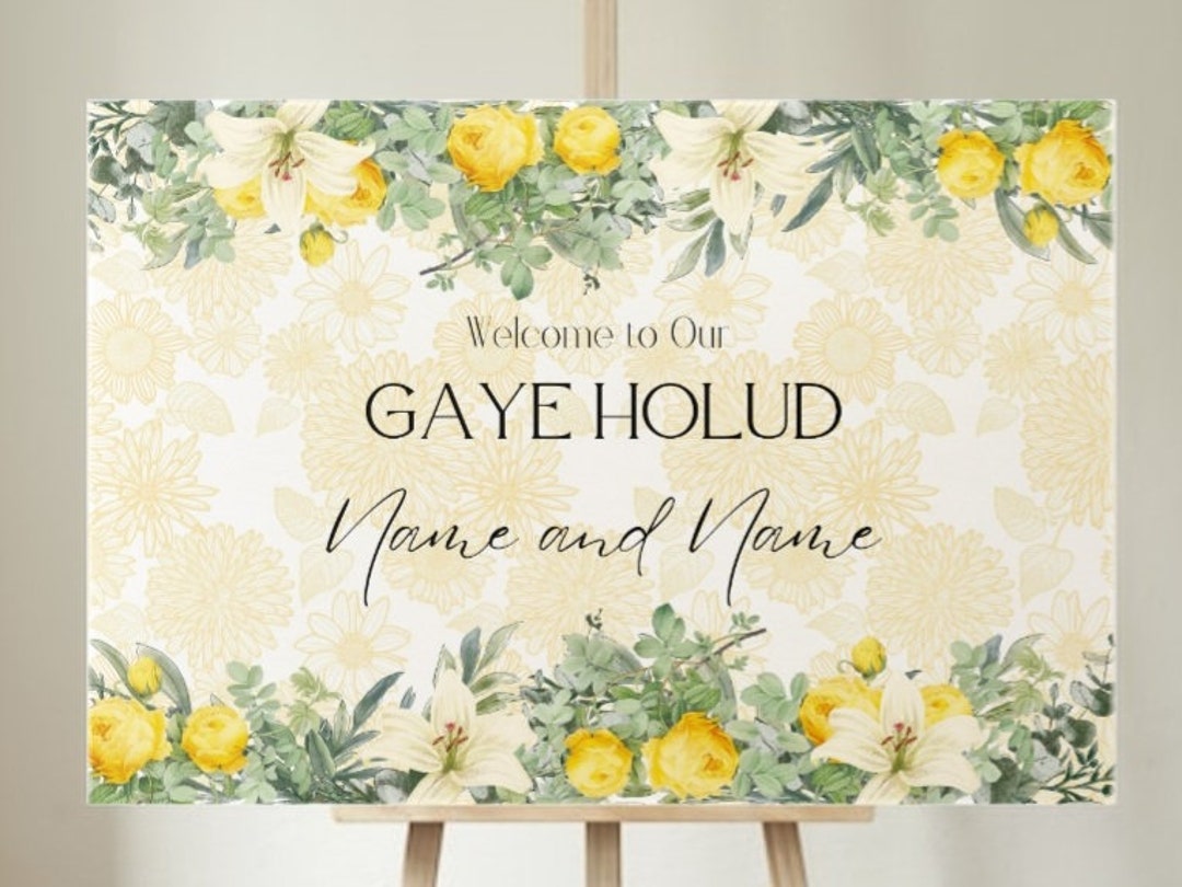 Gaye Holud Welcome Sign | Haldi Poster | Minimal Flower Design ...