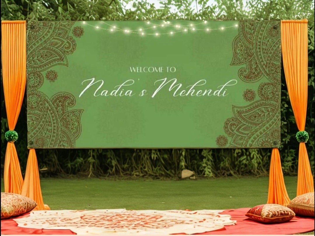 Green Mehendi Henna Banner | Gaye Holud Dolki Mayoun Rokha Wall Sign ...