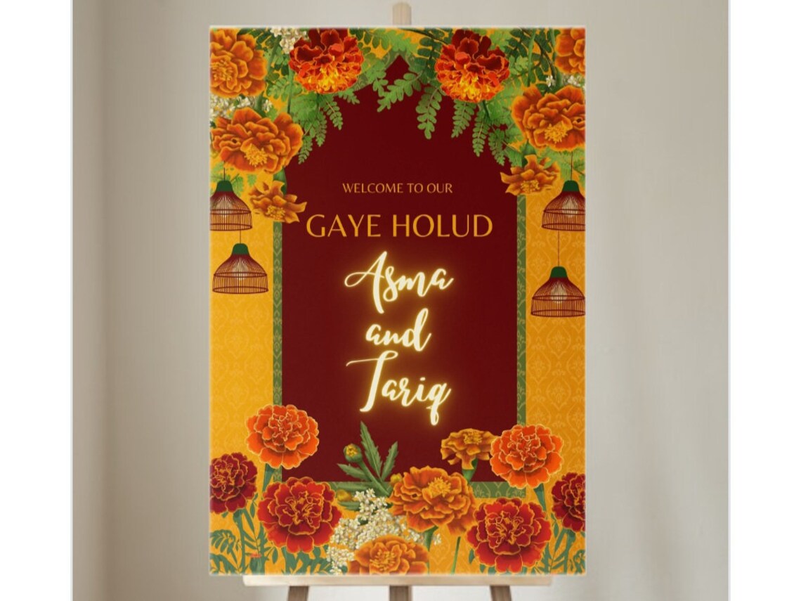 Marigold Gaye Holud Welcome Sign | Haldi Turmeric Ceremony | Bengali ...