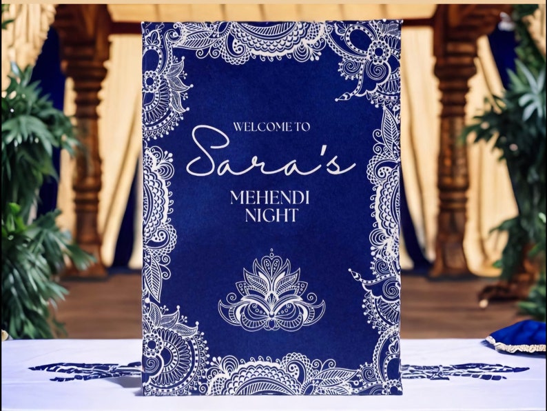 Velvet Navy White Mehendi Welcome Sign | Henna Border Holud Haldi ...
