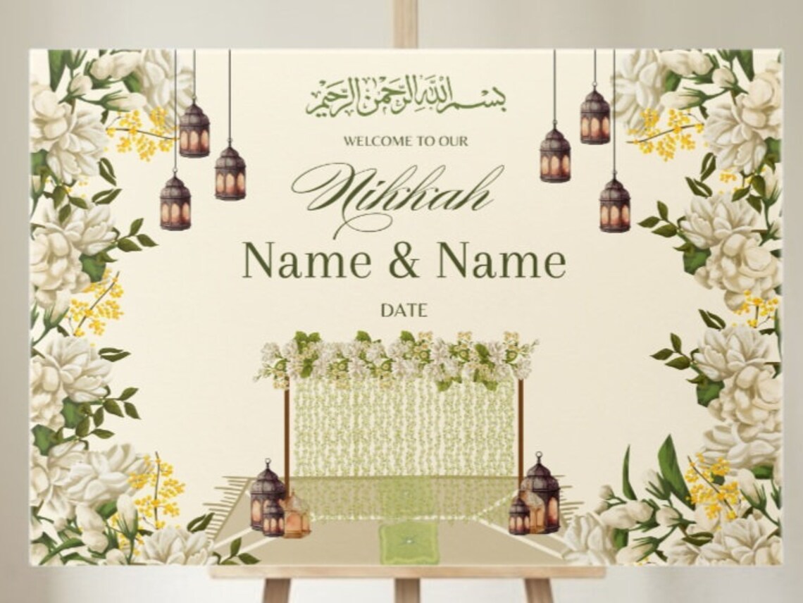 Sage Nikkah Flower Curtain Welcome Sign | Floral Islamic Wedding Poster ...