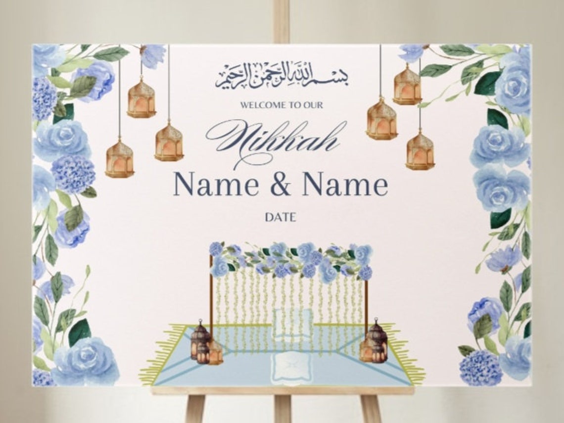 Blue Nikkah Floral Curtain Wedding Welcome Sign | Flower Partition ...