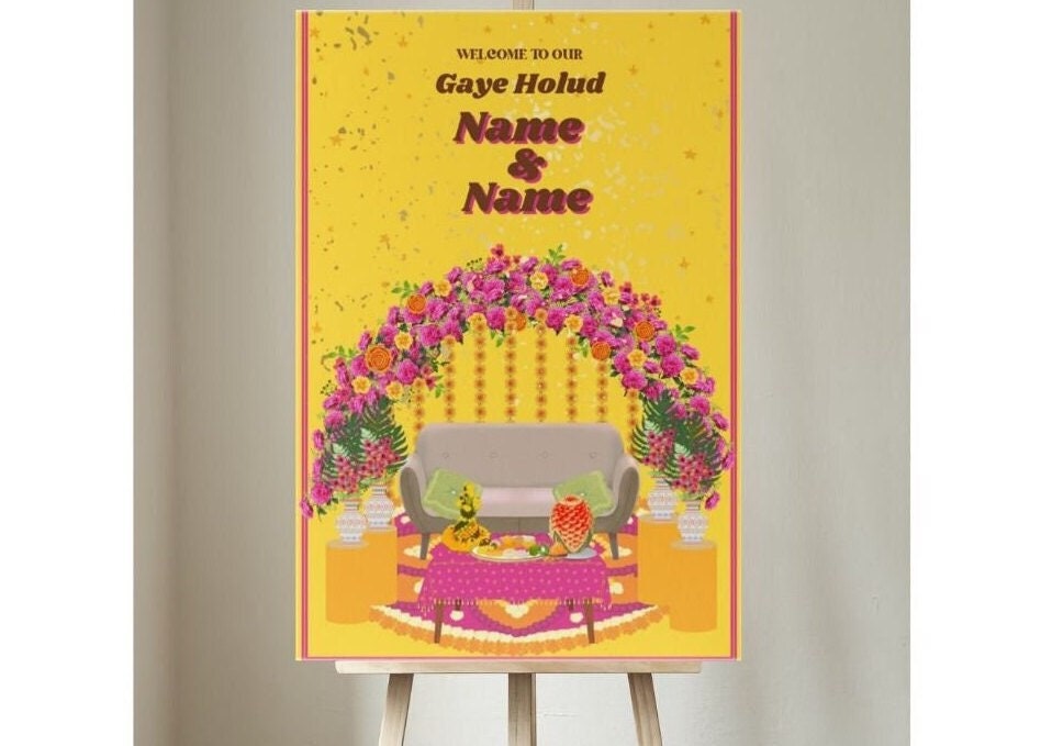 Pink Arch Gaye Holud Table Sign Haldi Turmeric Ceremony Poster Bengali ...
